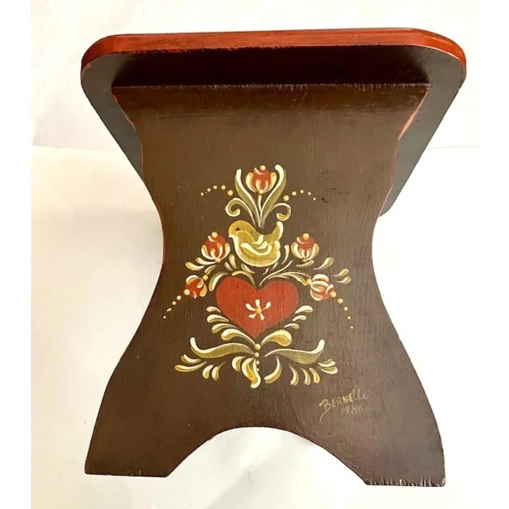 Handmade | Art | Vintage Hand Painted Folk Art Wooden Foot Stool Singed ...
